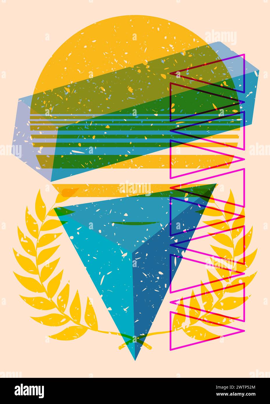 Risograph Laurel Wreath with geometric shapes. Objects in trendy riso graph print texture style ...