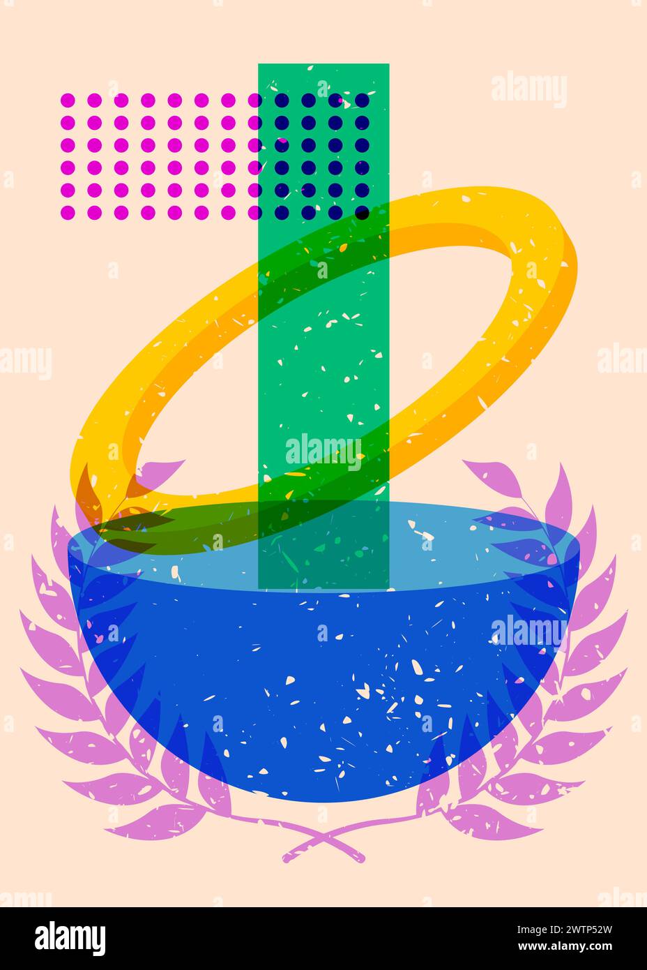 Risograph Laurel Wreath with geometric shapes. Objects in trendy riso ...