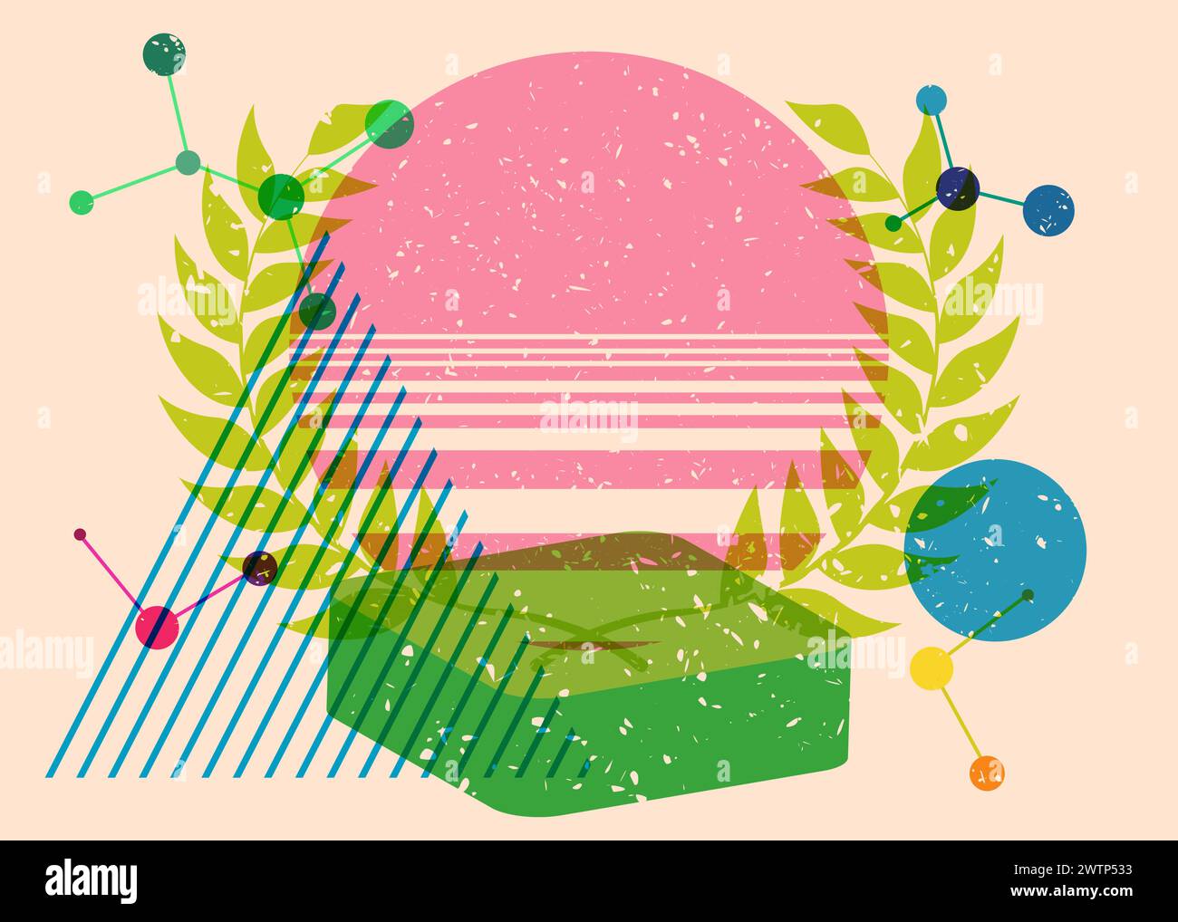 Risograph Laurel Wreath with geometric shapes. Objects in trendy riso ...