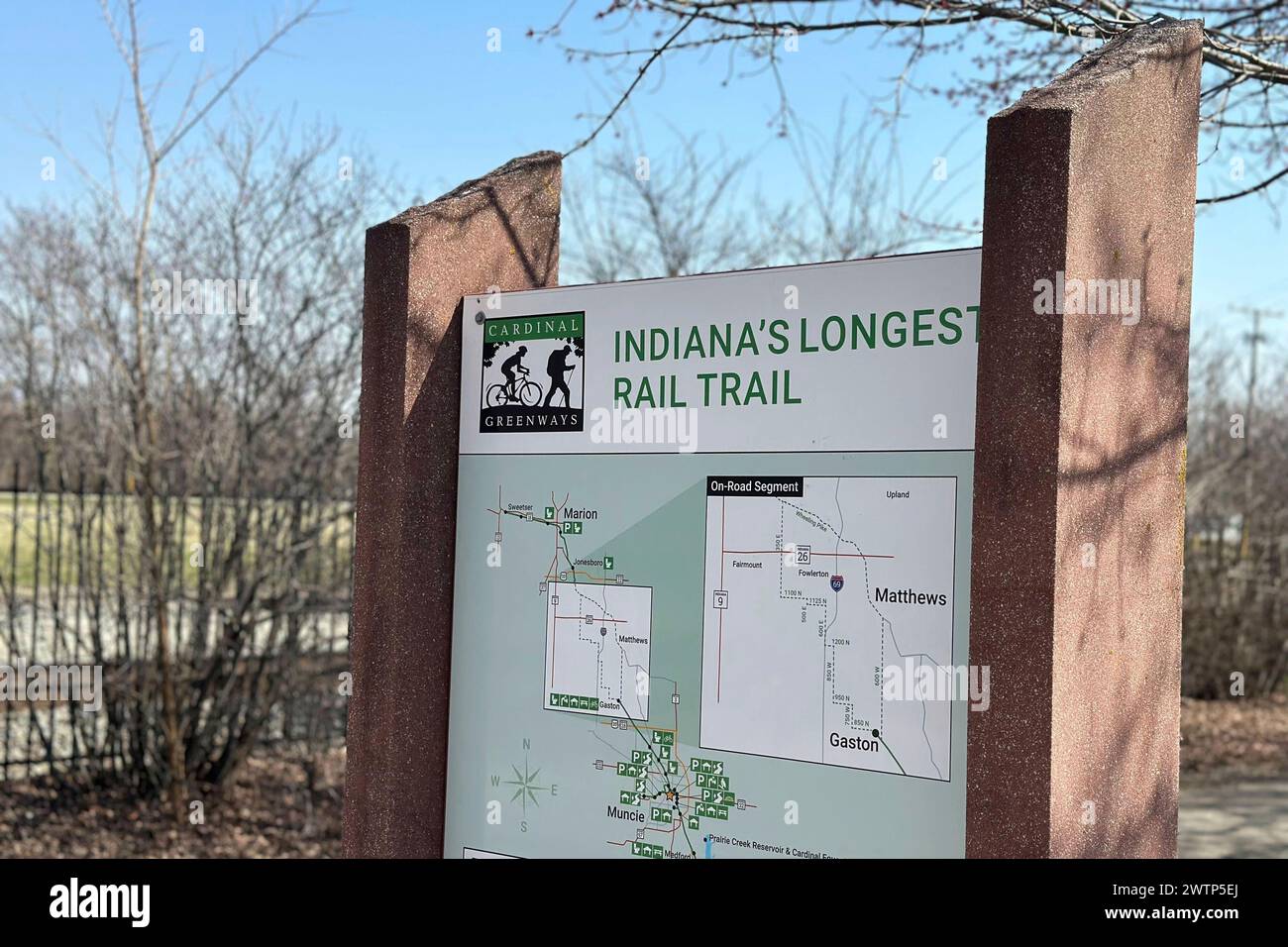 A sign displays a map of the Cardinal Greenways in Muncie, Ind ...