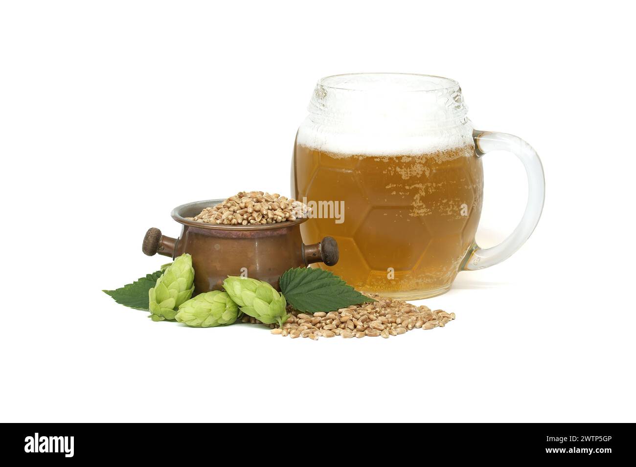 Fresh green hops cones and bucket filled with grains near glass mug ...