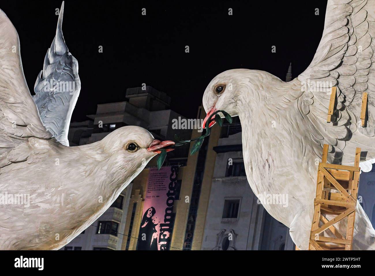 Valencia, Spain. 17th Mar, 2024. Fallera figure that shows two doves ...