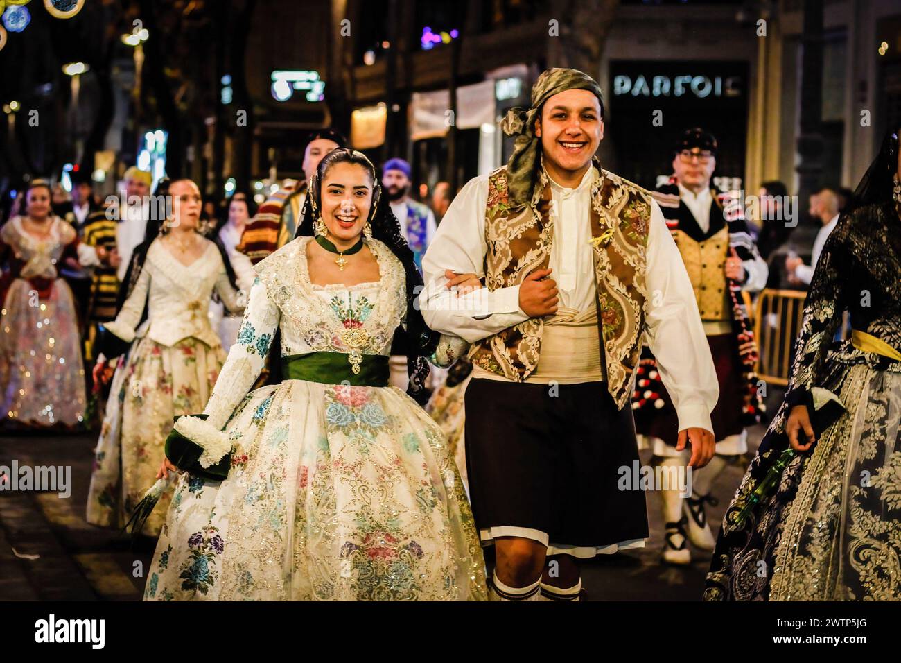 Valencia, Spain. 17th Mar, 2024. A fallera couple seen dressed in ...