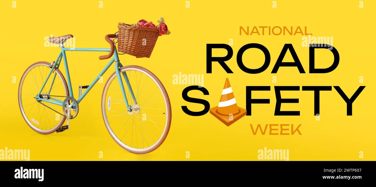 Modern bicycle on yellow background. Banner for National Road Safety ...