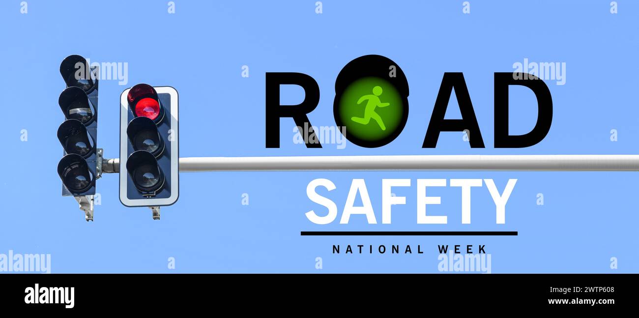 Red traffic light against blue sky. Banner for National Road Safety ...