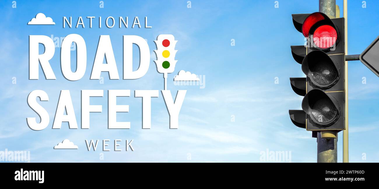Red traffic light against blue sky. Banner for National Road Safety ...
