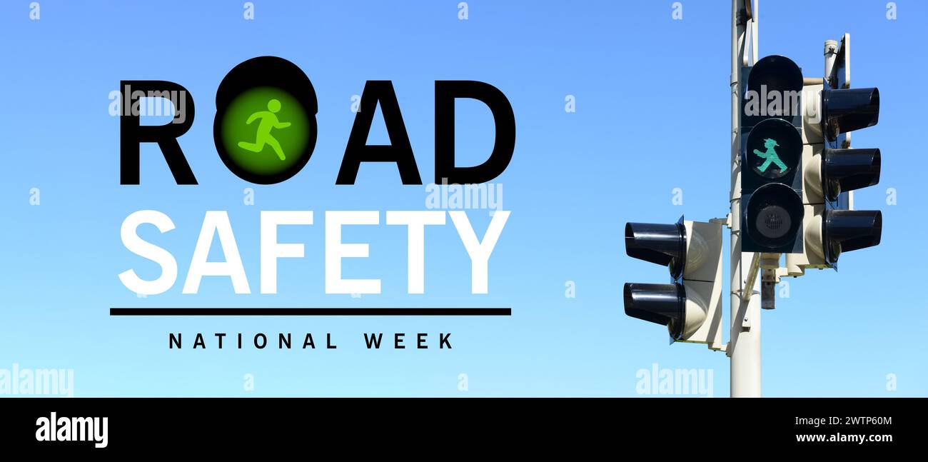 Green traffic light against blue sky. Banner for National Road Safety ...