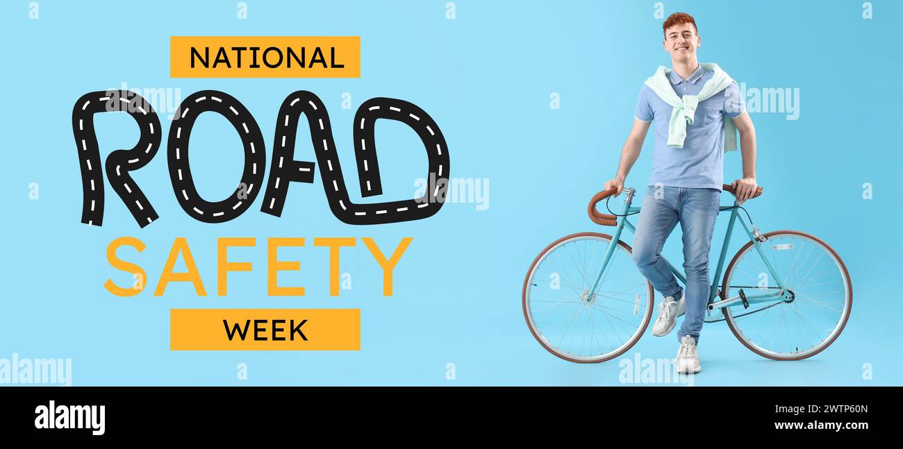 Young redhead man with bicycle on light blue background. Banner for ...