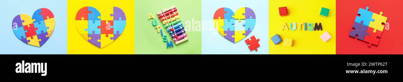 Collage of colorful puzzle pieces with xylophone on color background ...