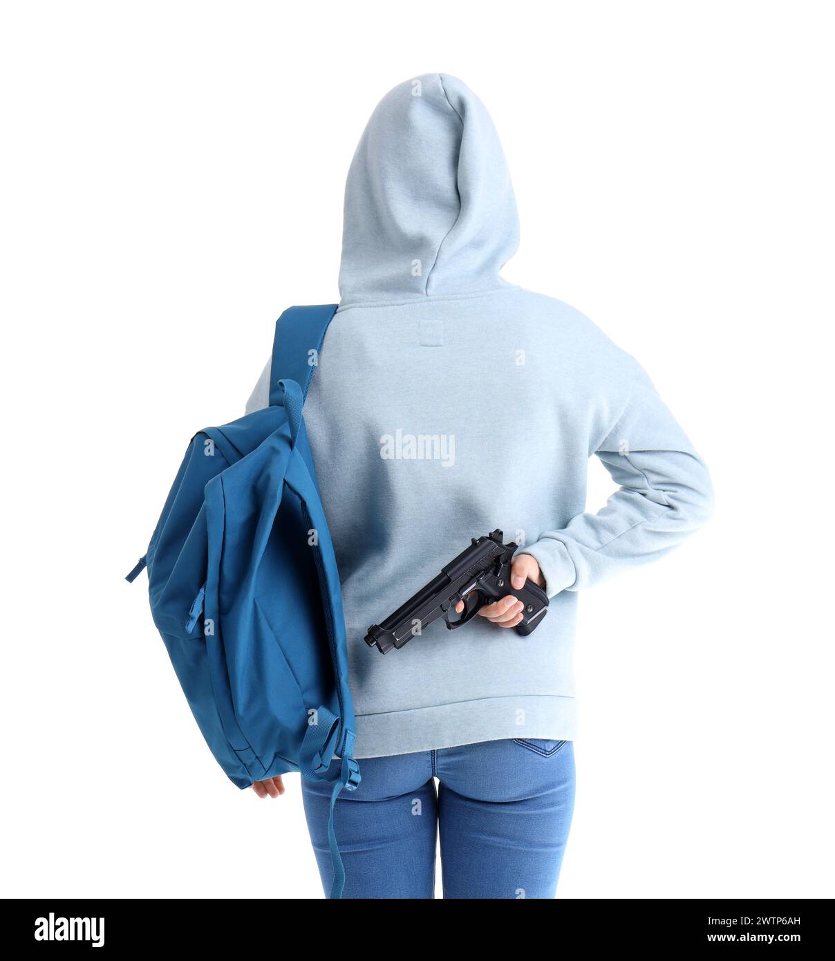 Female student with gun on white background, back view. School shooting ...