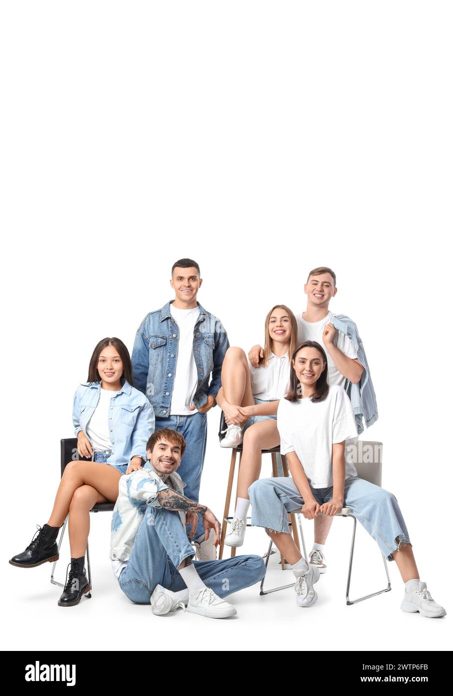 Group of stylish young people on white background Stock Photo - Alamy