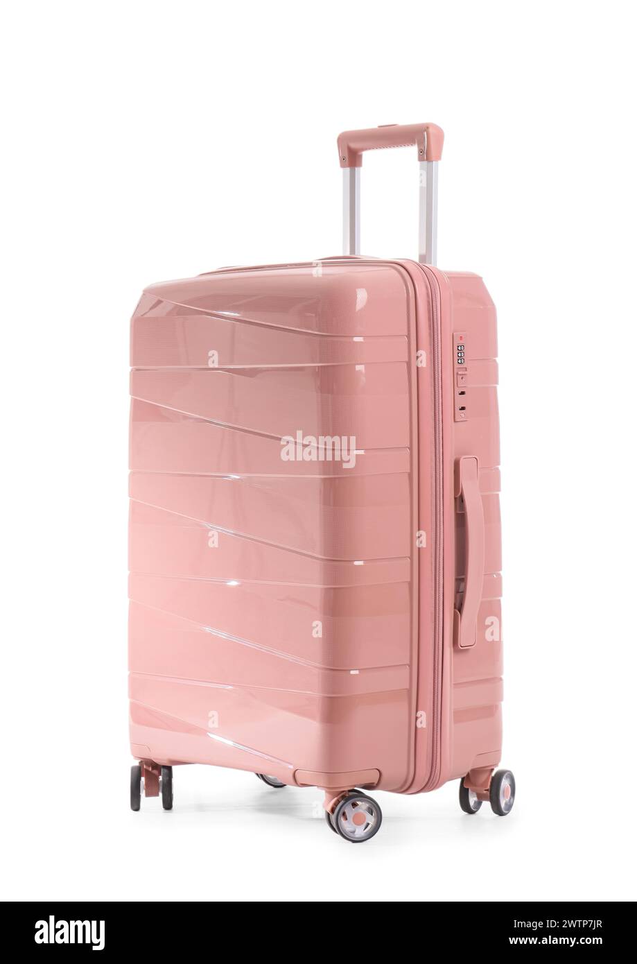 Pink suitcase on white background Stock Photo - Alamy