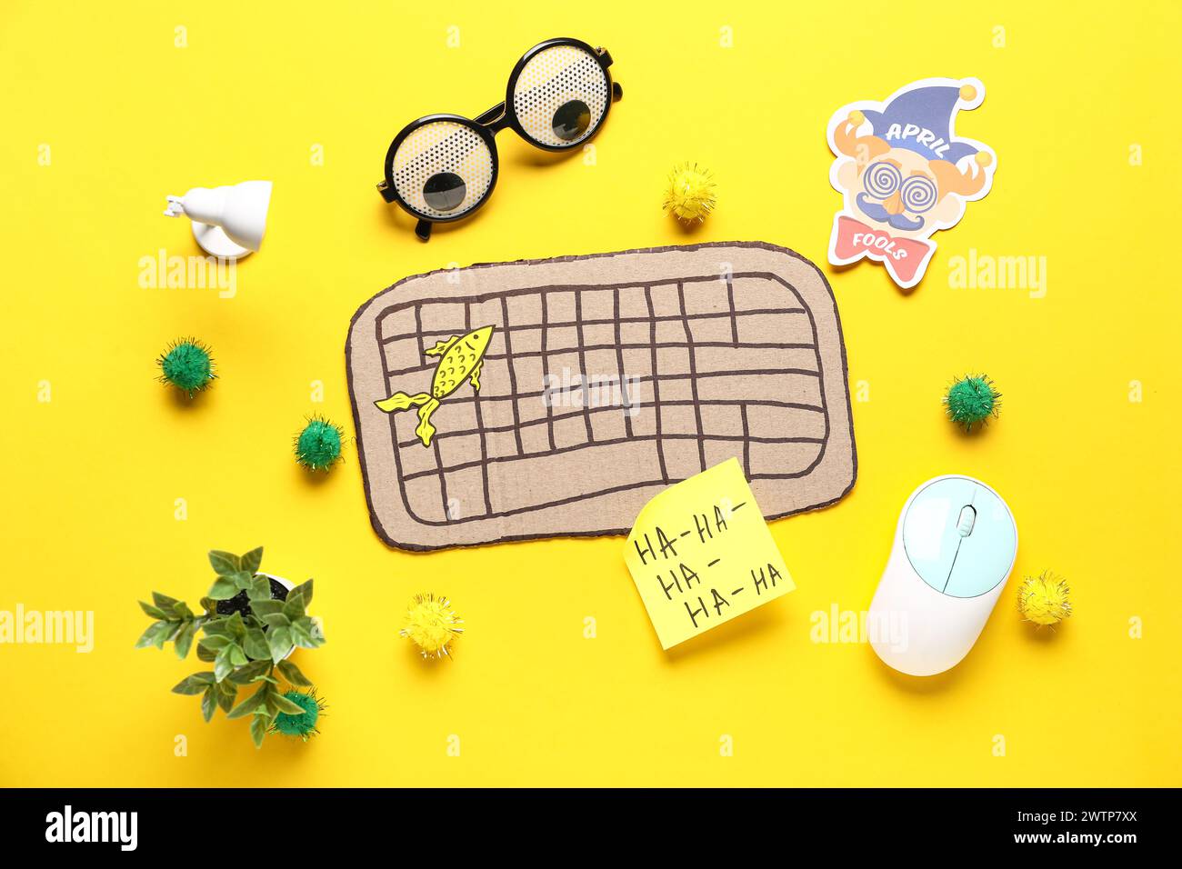 Carton computer keyboard, sticky note and funny glasses on yellow ...