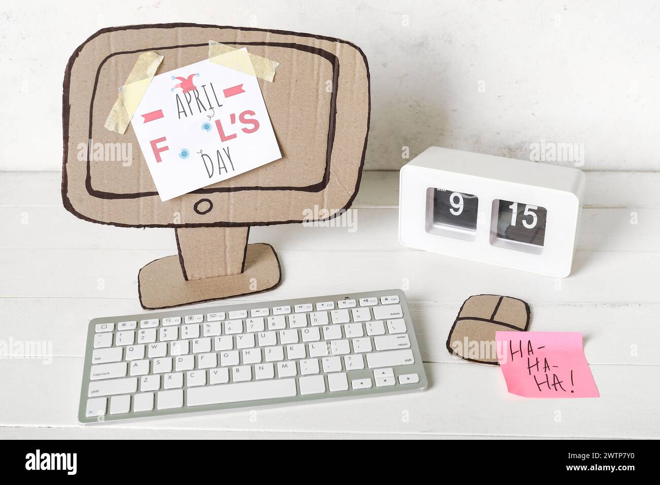 Carton computer screen and mouse on white background. April Fools Day ...