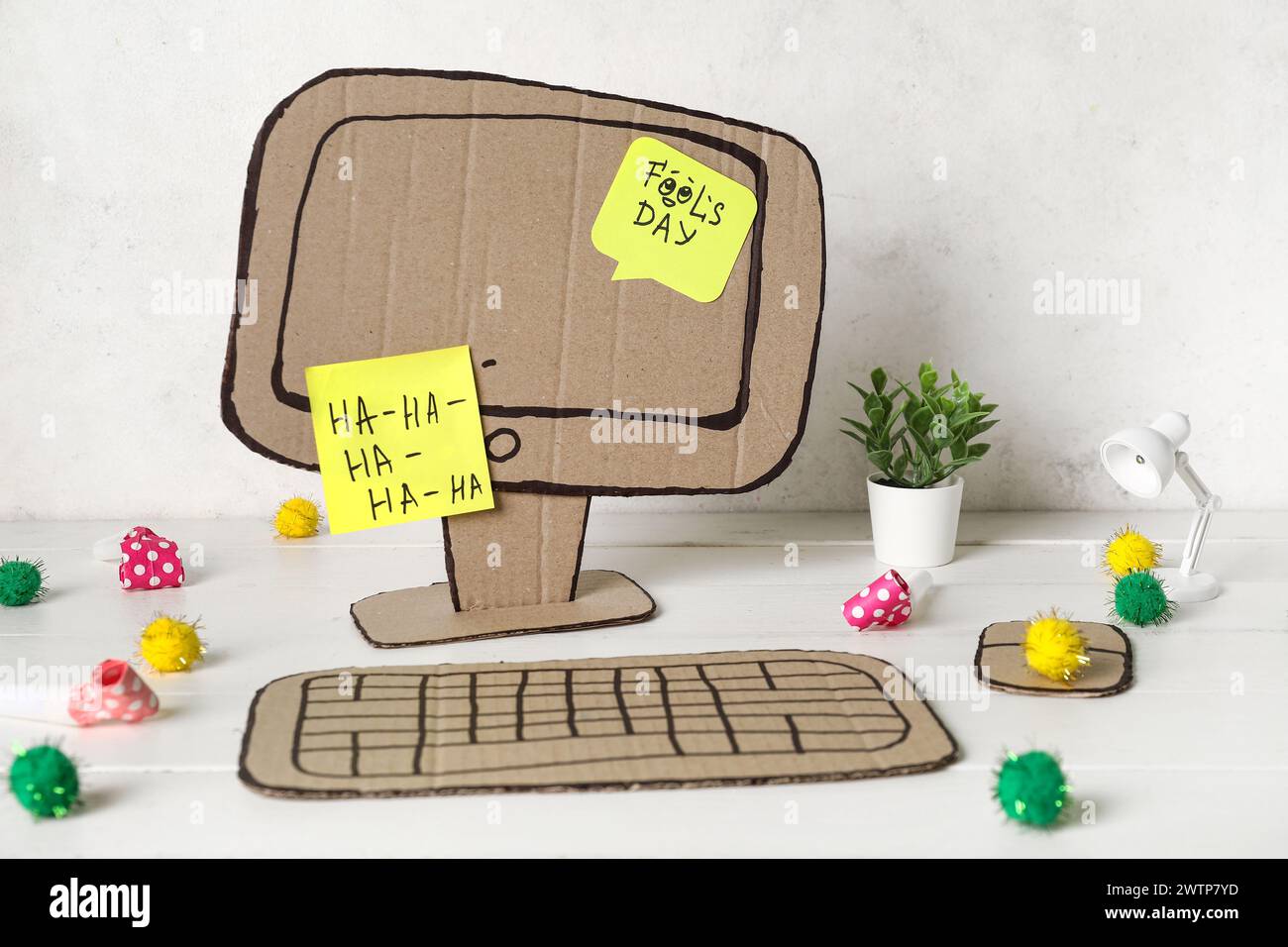 Carton computer screen, keyboard and mouse on white background. April ...