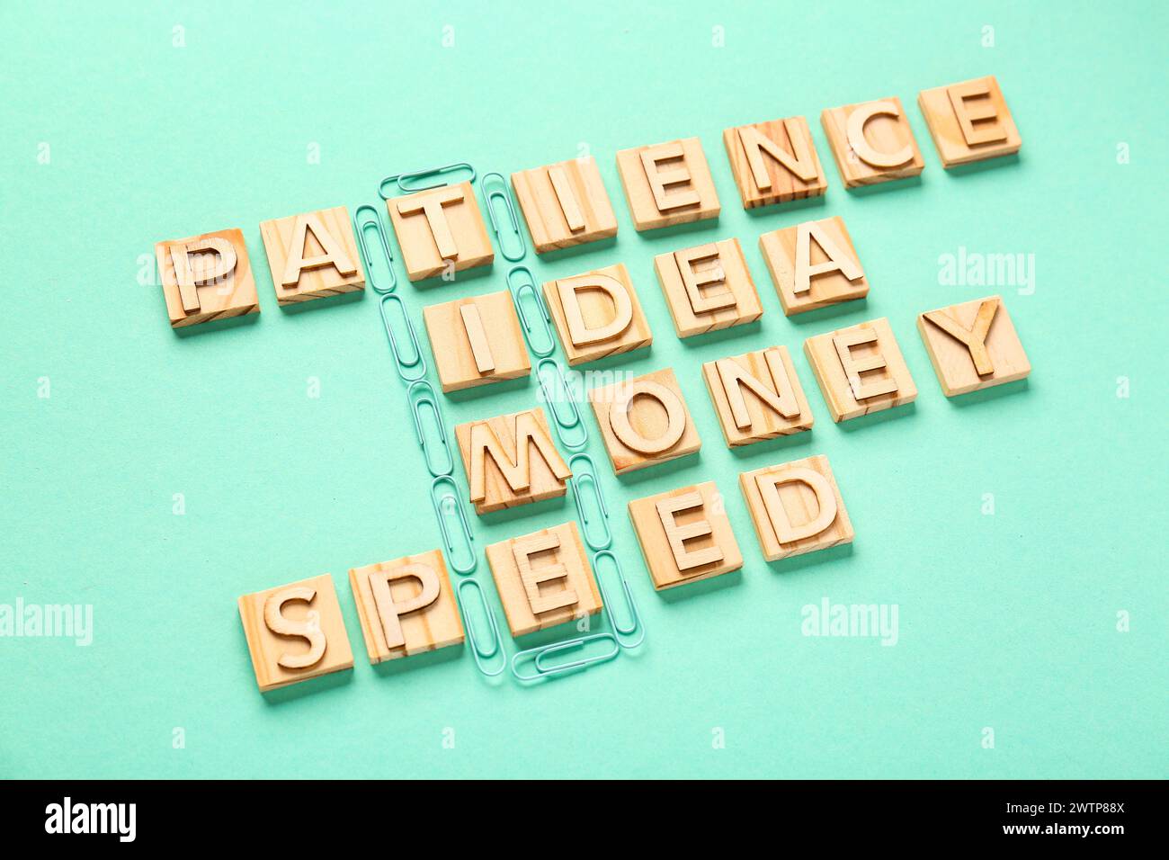 Text PATIENCE IDEA MONEY SPEED on turquoise background. Time management ...