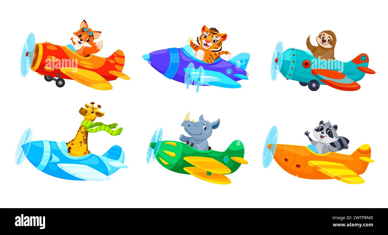 Cartoon baby animals on planes, pilot characters, hippo and giraffe ...