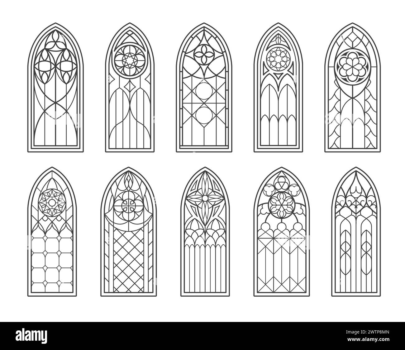 Medieval gothic castle and catholic church glass windows. Isolated ...