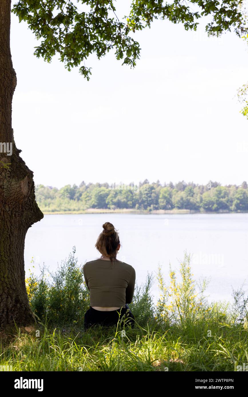A serene image featuring a woman sitting beneath a leafy tree, gazing ...