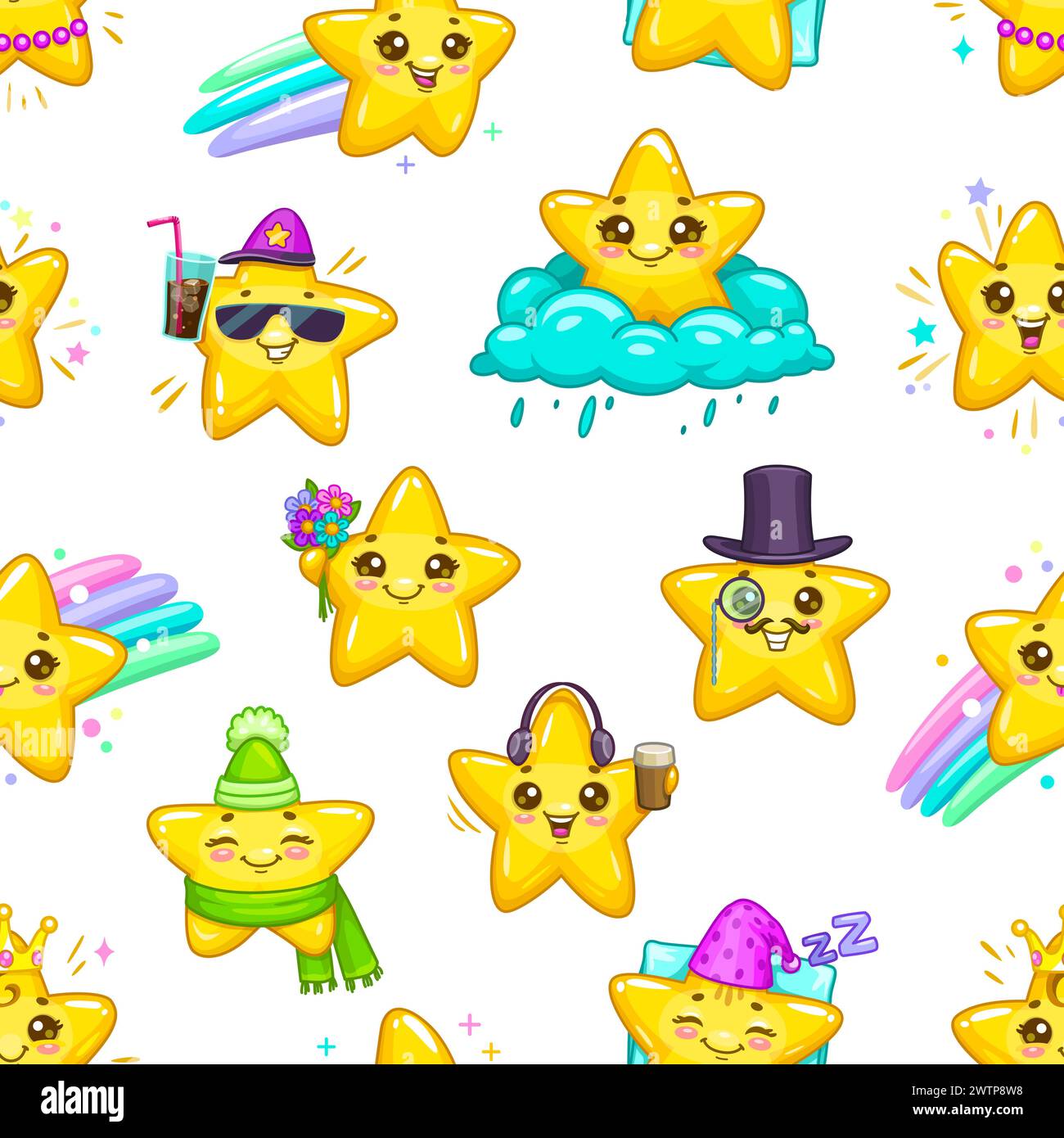 Cute kawaii stars and twinkle characters seamless pattern. Vector funny ...