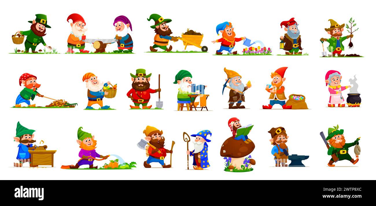 Cartoon Gnome Or Dwarf Characters Cute Elves Personages With Vector