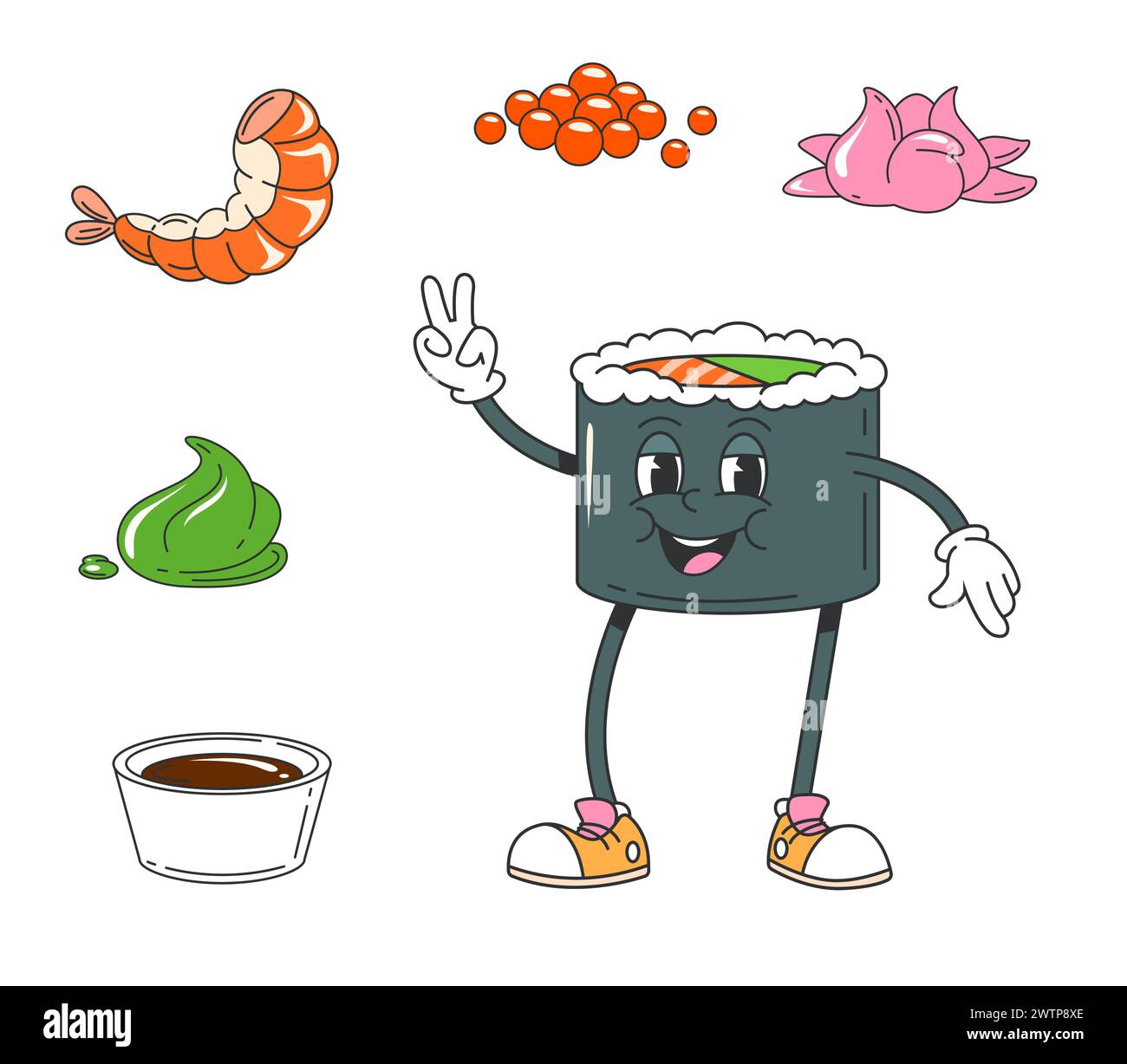 Retro cartoon funny groovy japanese roll character. Isolated vector ...