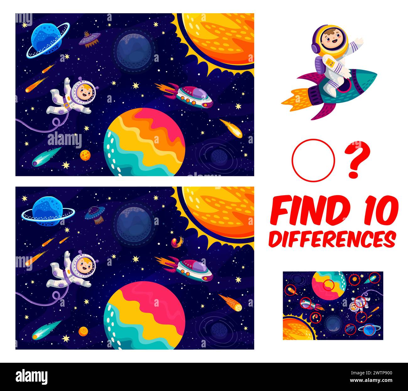 Kids game, find ten differences on galaxy space landscape, cartoon ...
