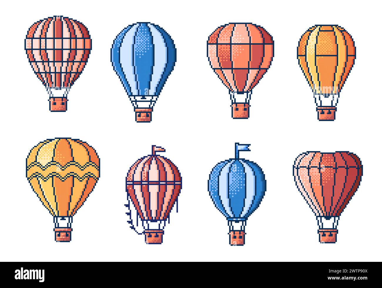 8 bit pixel hot air balloons, arcade game asset. Isolated vector set of ...