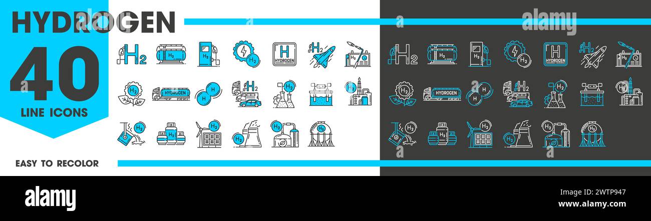Hydrogen line icons of green energy and H2 fuel production for ...