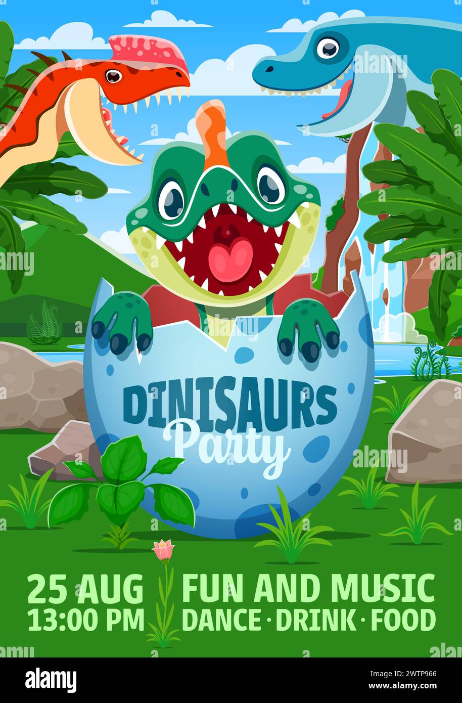 Dino party flyer with cartoon dinosaur characters in jungle, vector ...