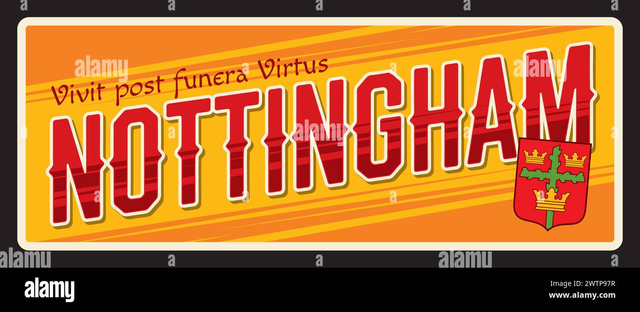 Nottingham, city in UK England. Vector travel plate or sticker, Britain ...