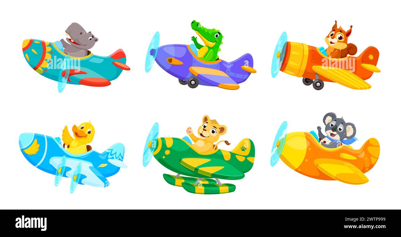 Baby animal characters on planes, vector cartoon squirrel and crocodile ...