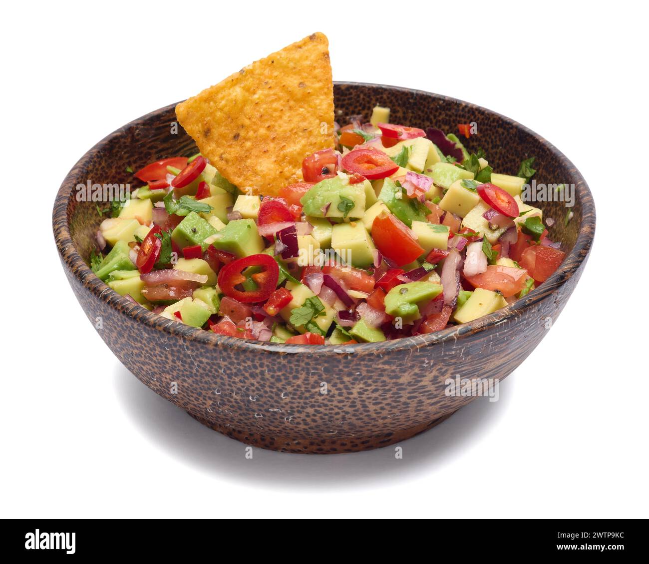 traditional salsa dip snack in wooden bowl and corn nacho chips ...