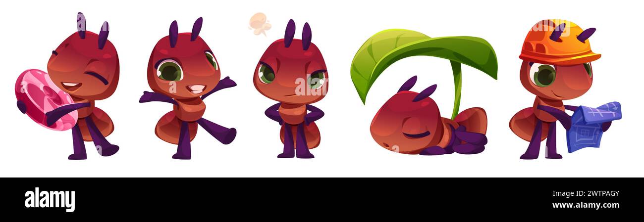 Cute ant characters set isolated on white background. Vector cartoon ...