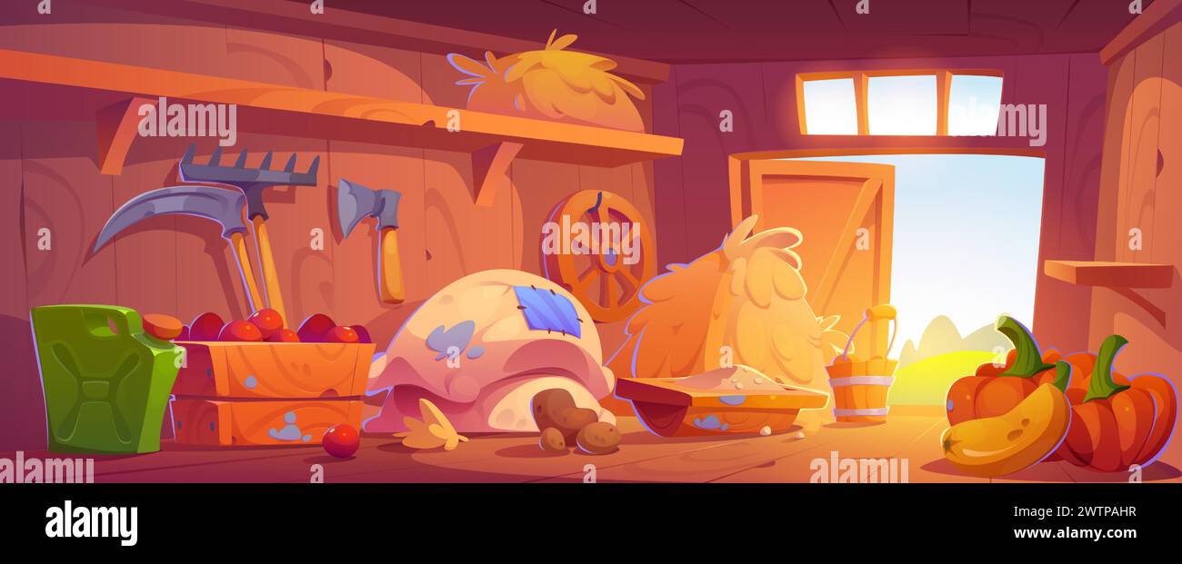 Farm barn interior design. Vector cartoon illustration of vegetable ...