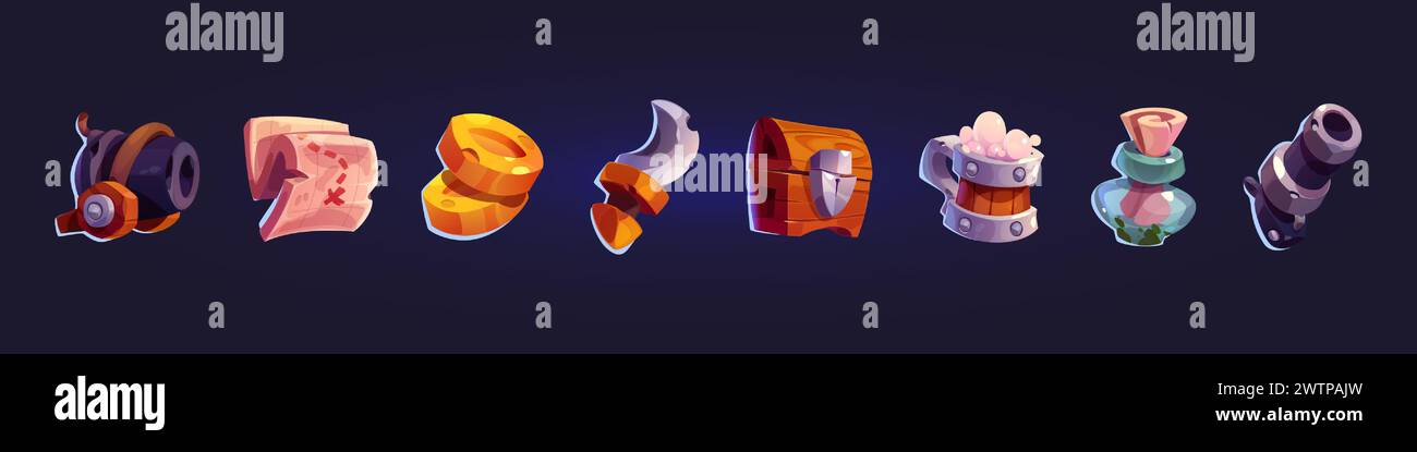 Pirate game ui icons set with cartoon vector weapon cannon and gun, map ...