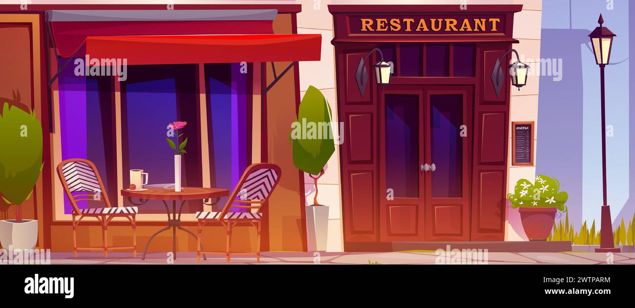Cartoon restaurant outside eating area with coffee cup on table, chairs ...