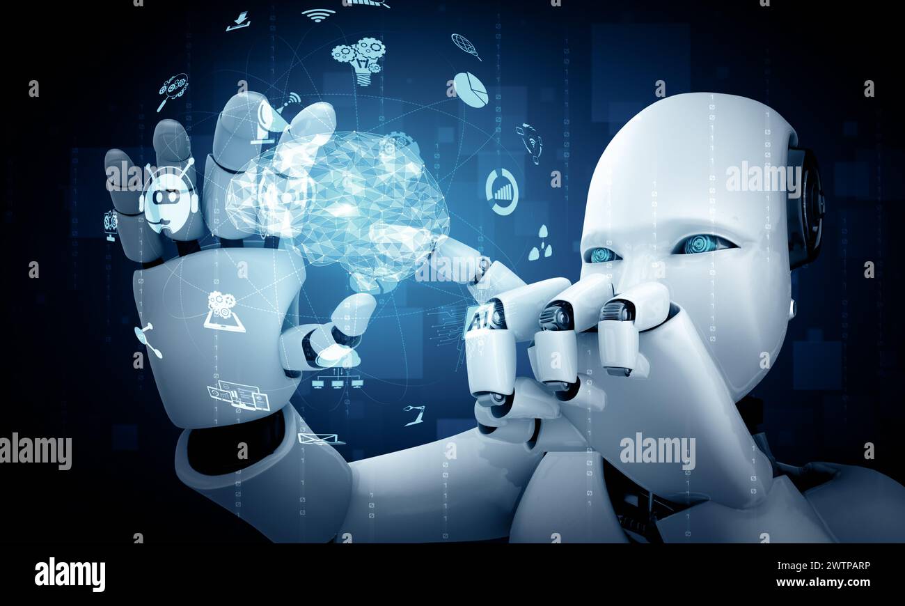 XAI 3d illustration Robot humanoid hold HUD hologram screen in concept of AI thinking brain ...