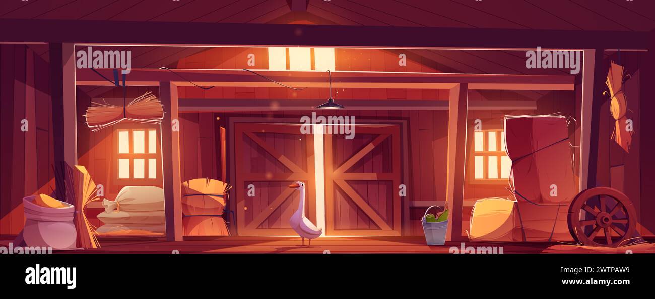 Farm barn interior design. Vector cartoon illustration of haystacks ...