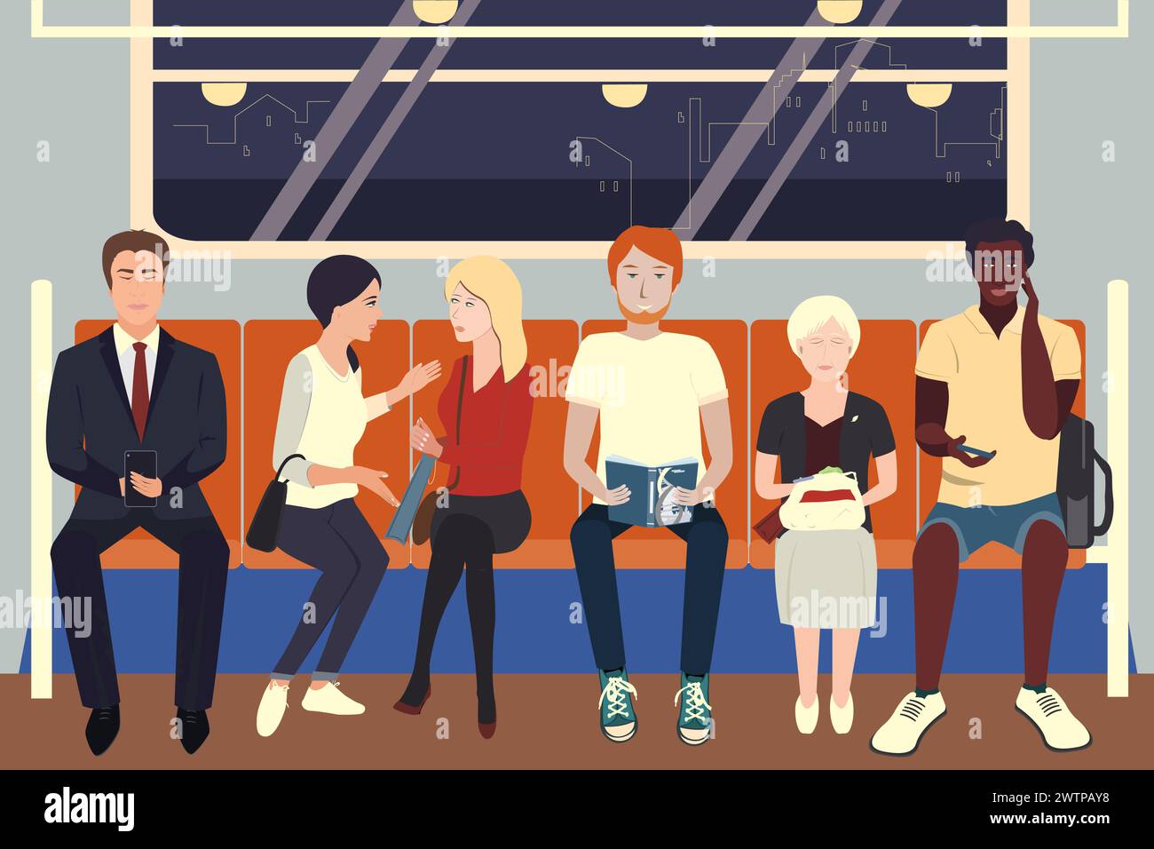 People are sitting in the subway. Cartoon characters. Men and women go ...