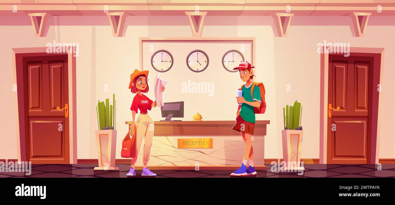 Hotel reception with registration desk, clocks on wall, wooden doors ...