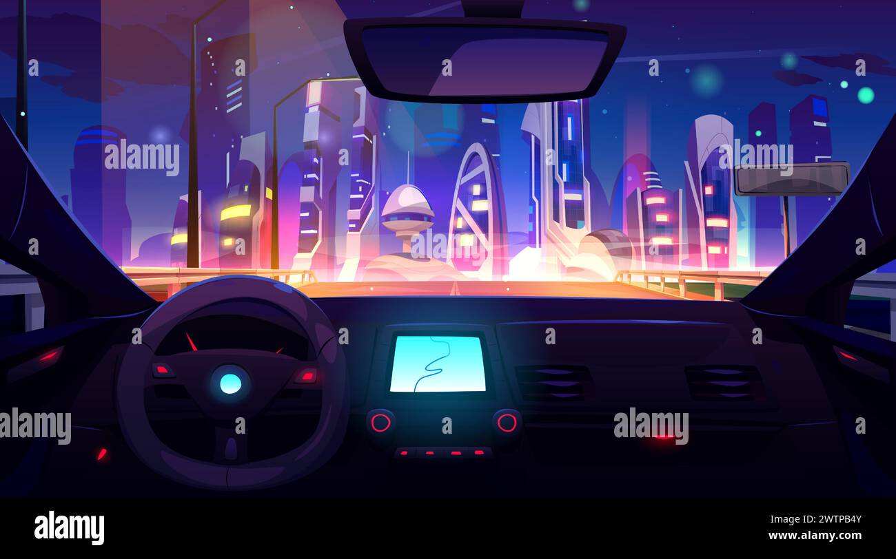 Futuristic cityscape view from inside car. Vector cartoon illustration ...