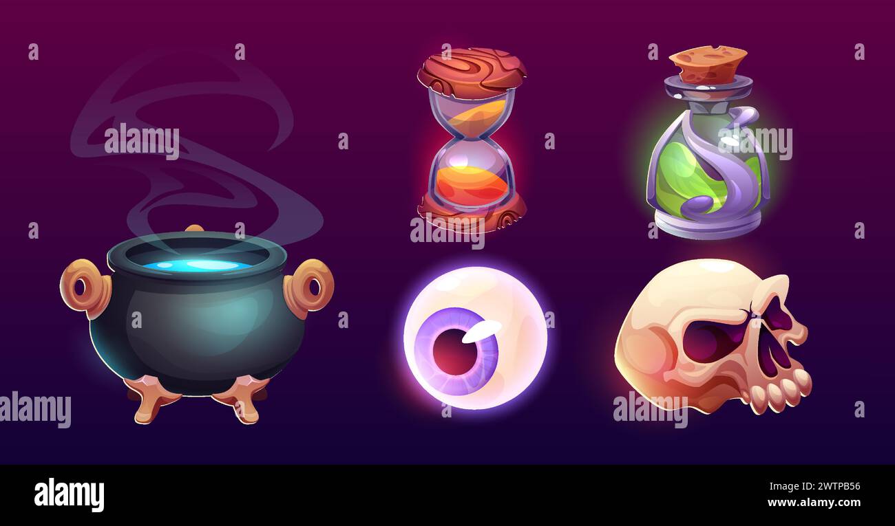 Wizard and witch game ui icons. Cartoon vector set of fantasy sorcerer ...