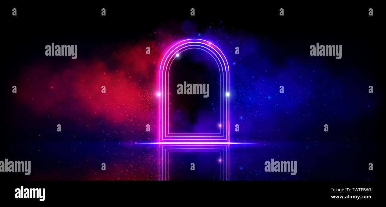 Neon light arch portal. Blue red arc gate for show. Laser led frame at ...