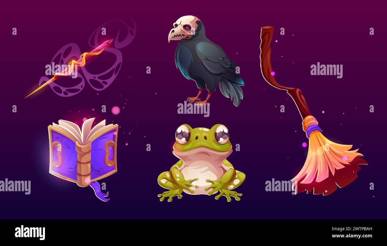 Wizard and witch cartoon game ui assets. Vector icons set of fairytale ...