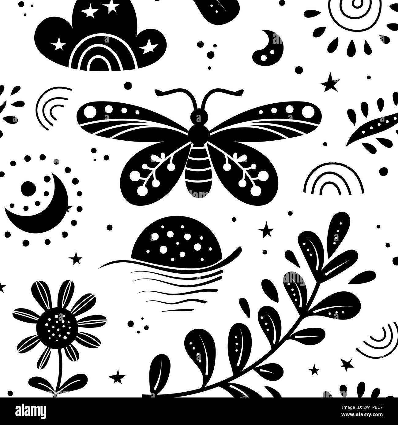 Seamless neo folk art vector pattern with butterfly, moth and flowers ...