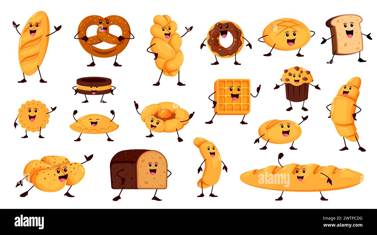 Cartoon funny bread and bakery characters. Vector loaf, pretzel, donut ...