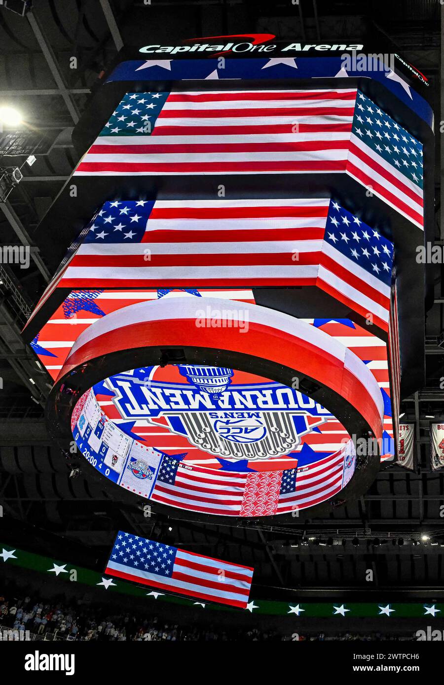 WASHINGTON, DC - MARCH 16: A view of the overhead scoreboard in the ACC ...