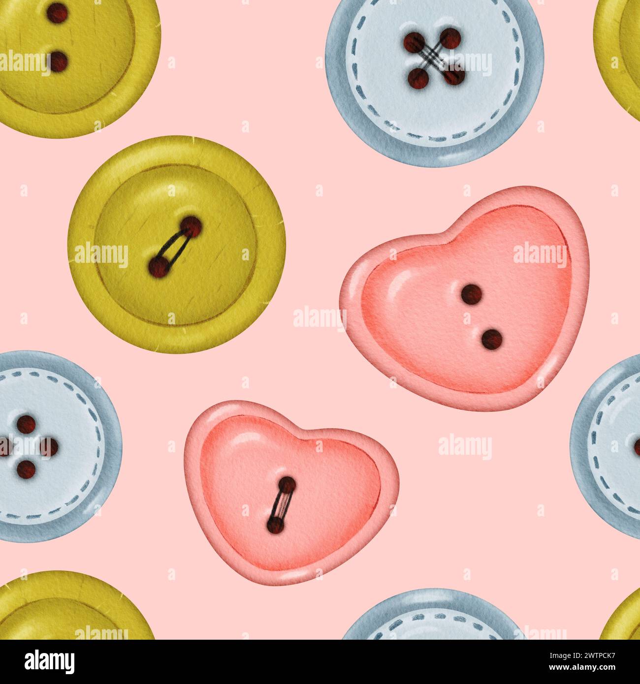 Seamless pattern of buttons in various colors on a light pink ...