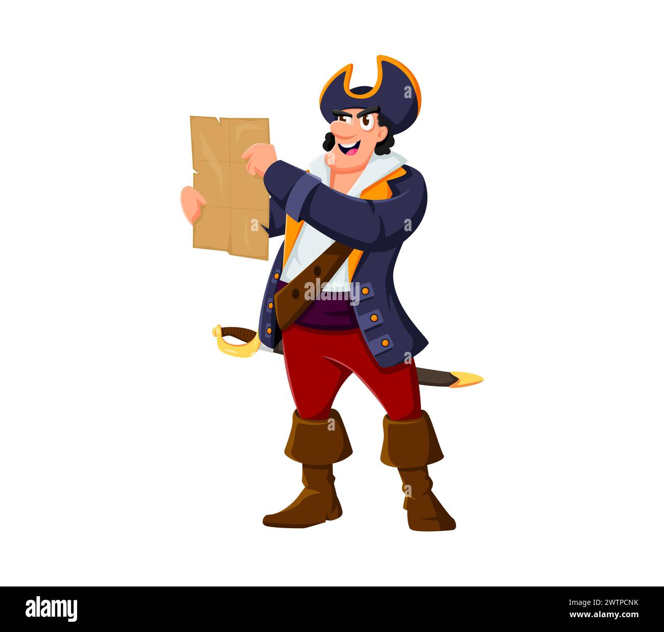 Cartoon pirate and corsair captain character with treasure map ...